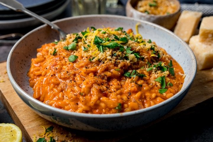 Creamy Tomato Risotto with Crispy Garlic Crumbs