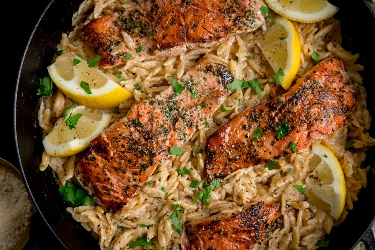 Pan-Fried Salmon with Creamy Lemon Orzo - Nicky's Kitchen Sanctuary